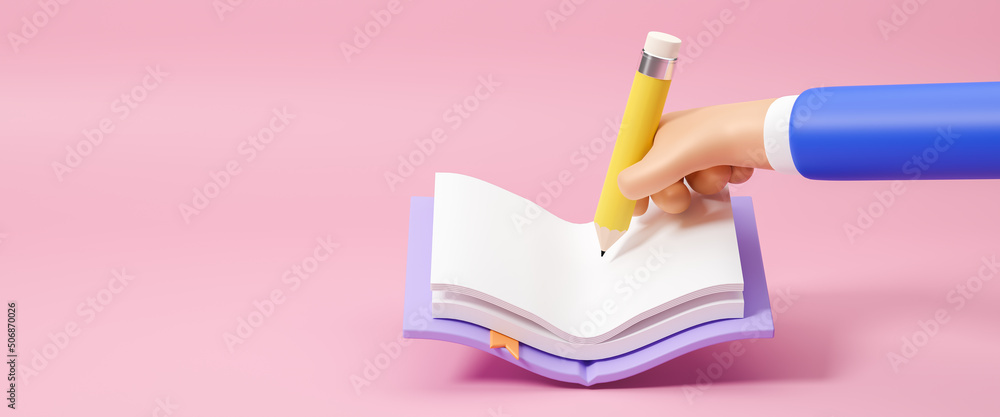 3d hand writing on blank book isolated on pink background with copy ...