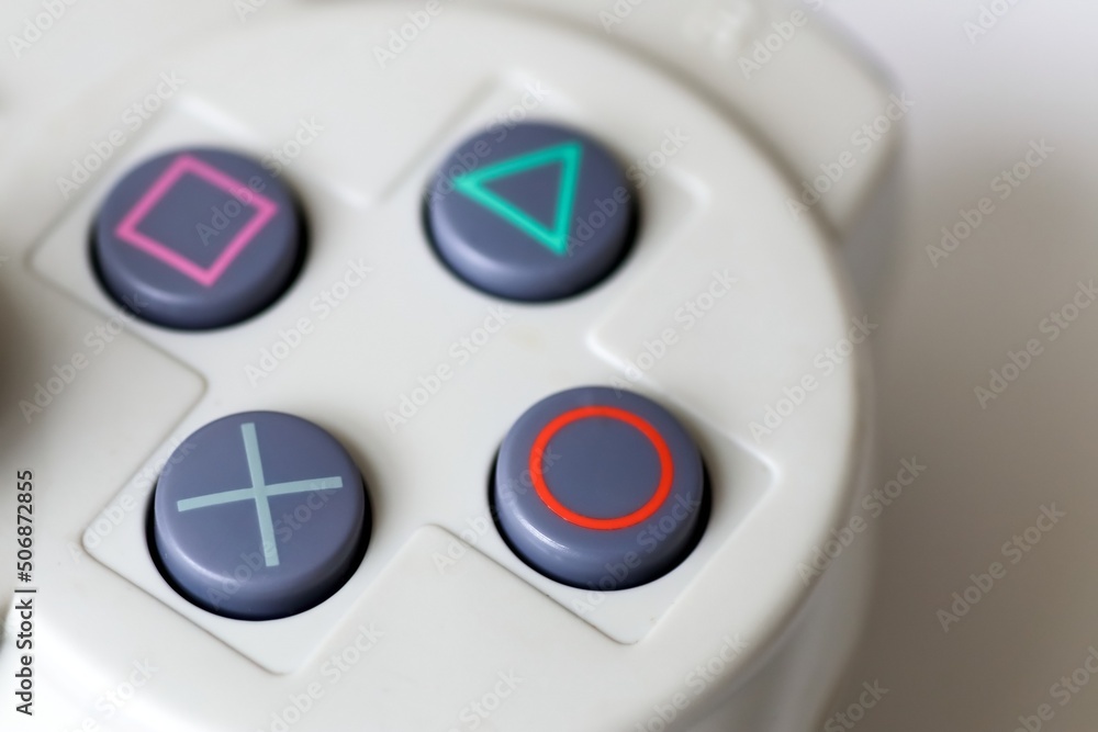 Bangkok, Thailand - May 22, 2022 : The button x on wired Dual shock ...