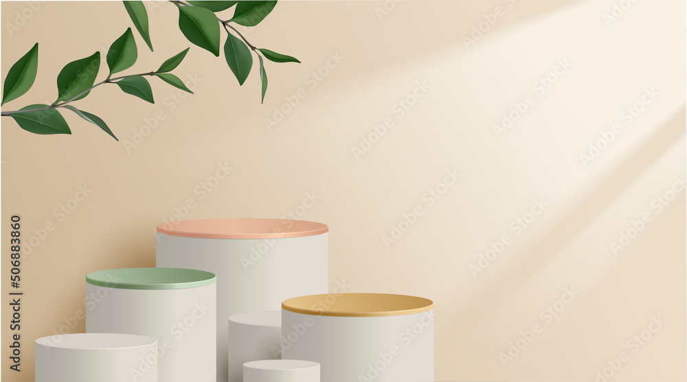 Abstract minimal scene. podium with leaves in clean background for ...