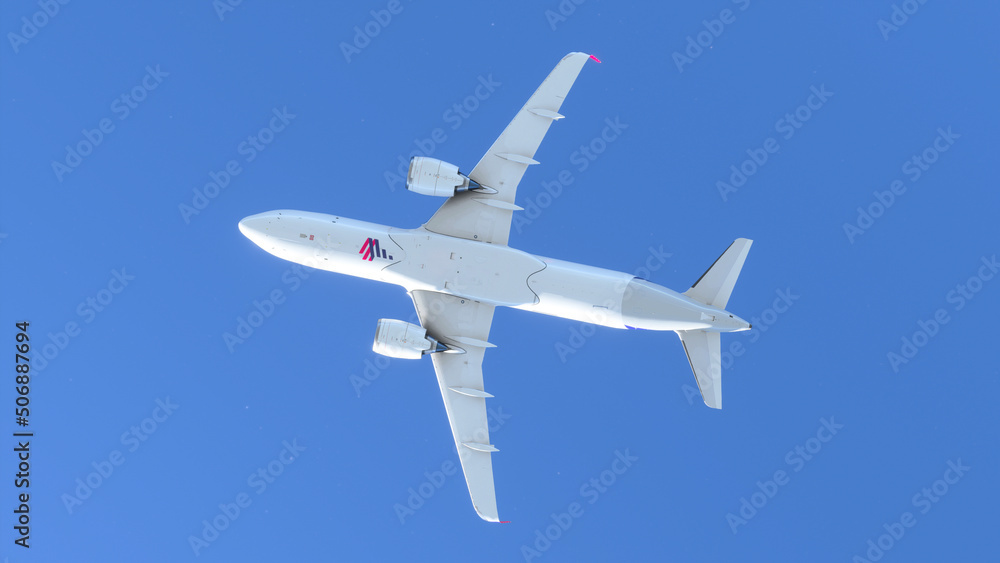 AirBus a320 LATAM flying over the sky, 25 May, 2022, Santiago, Chile ...