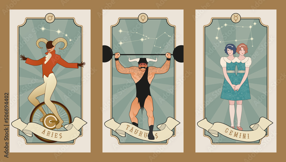 Cards signs of the zodiac inspired by the world of the vintage Circus ...