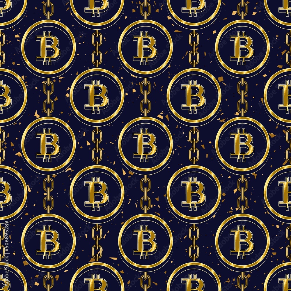 Seamless pattern with chains, gold bitcoin symbols in round frame on a ...