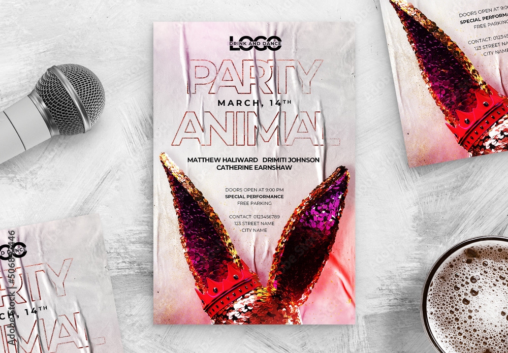 Party Animal Club Flyer Layout with 3D Rabbit Ears Stock Template ...