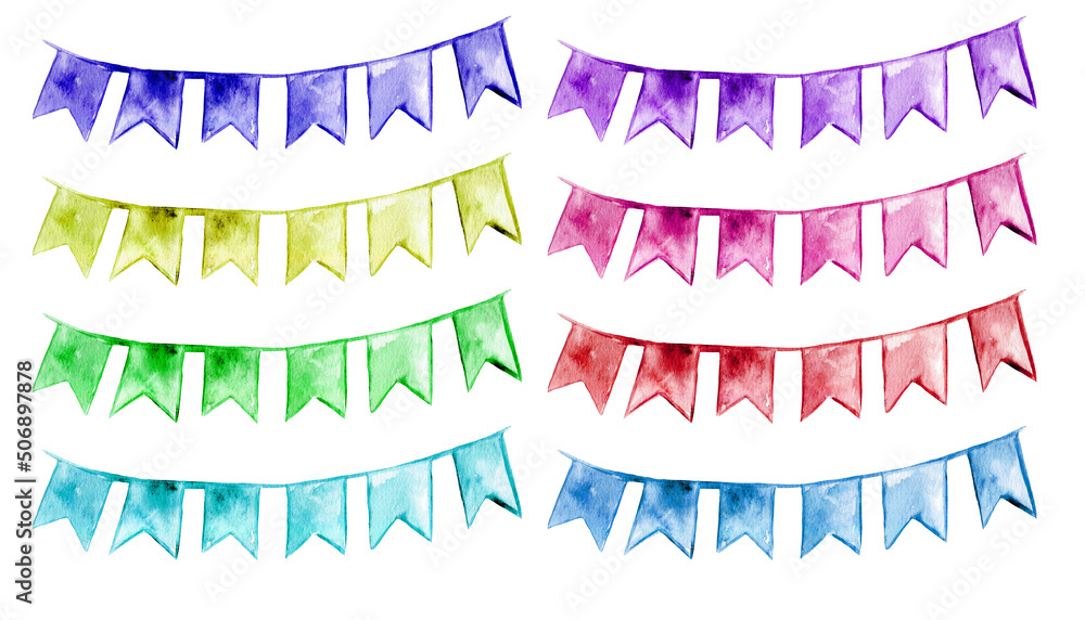 Watercolor bunting flags clipart, colorful flags, birthday party ...