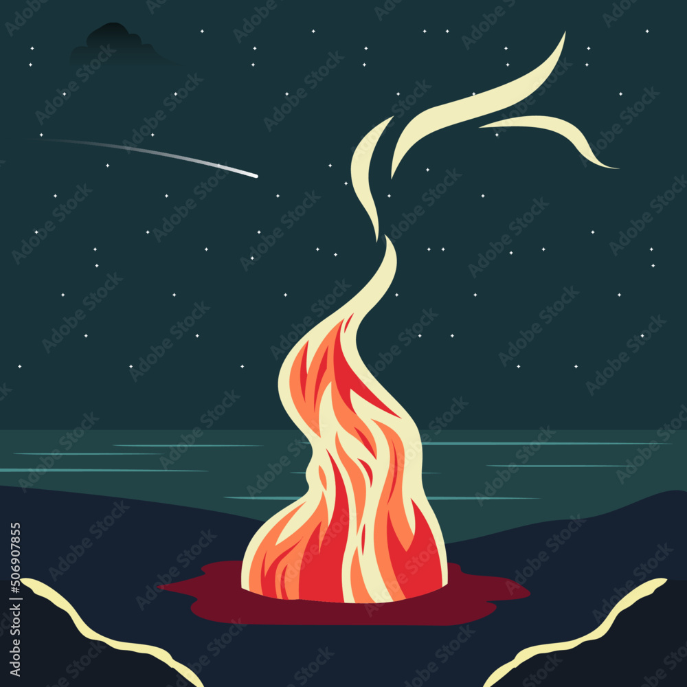 bonfire at night, bonfire in the beach, cartoon style illustration of ...
