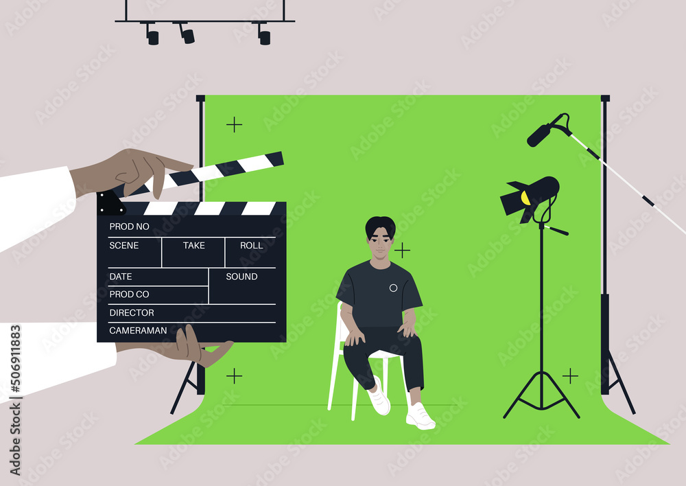A chroma key screen in a movie studio, A young male Asian character ...