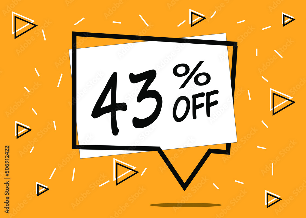 43% off. Discount 43 percent. Orange banner with floating balloon in white for promotions and ...