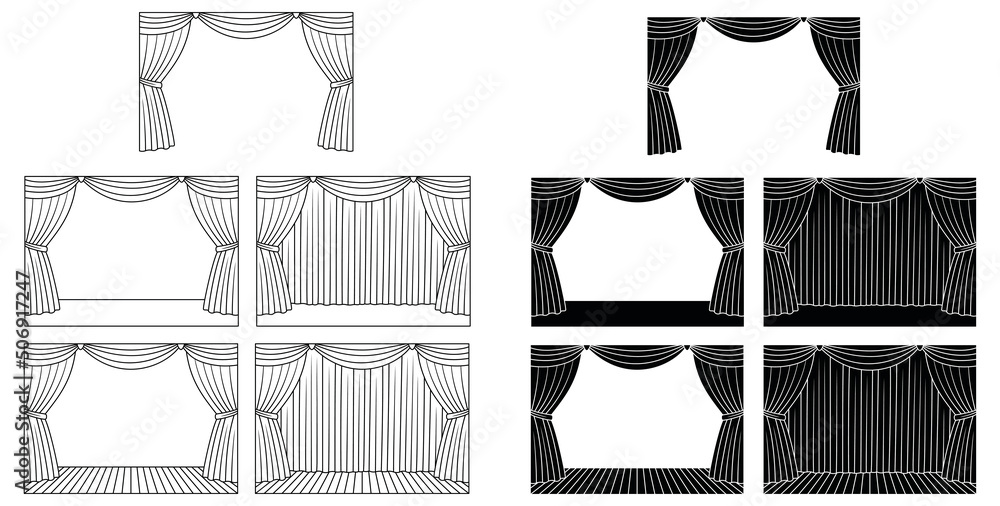 Theater Stage and Curtains Clipart Set - Outline and Silhouette Stock ...