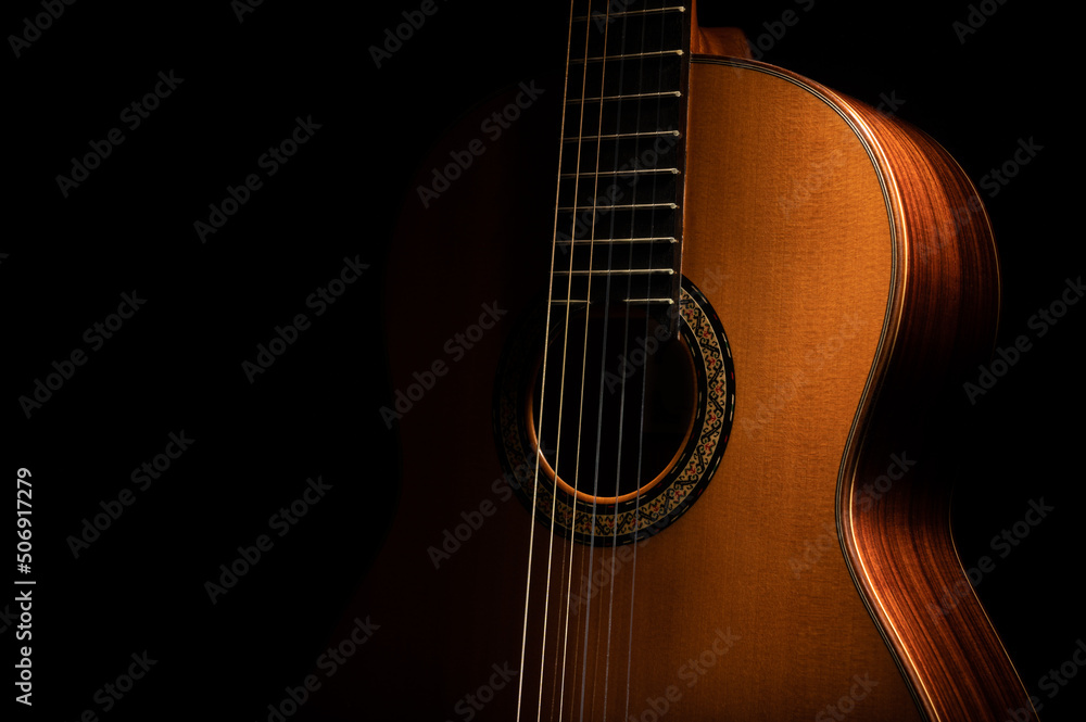 Classical guitar on a black background with copy space Stock Photo ...