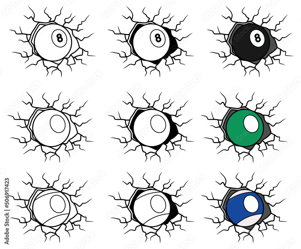 Billiard Pool Ball Breaking through a Wall Clipart Set - Outline ...