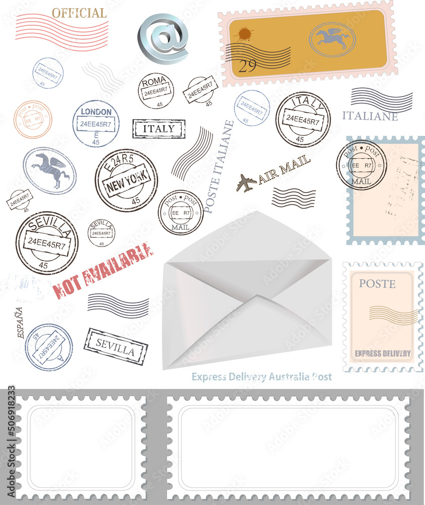Postal stamps templete set. Post office stamp. Air post stamp. Stock ...