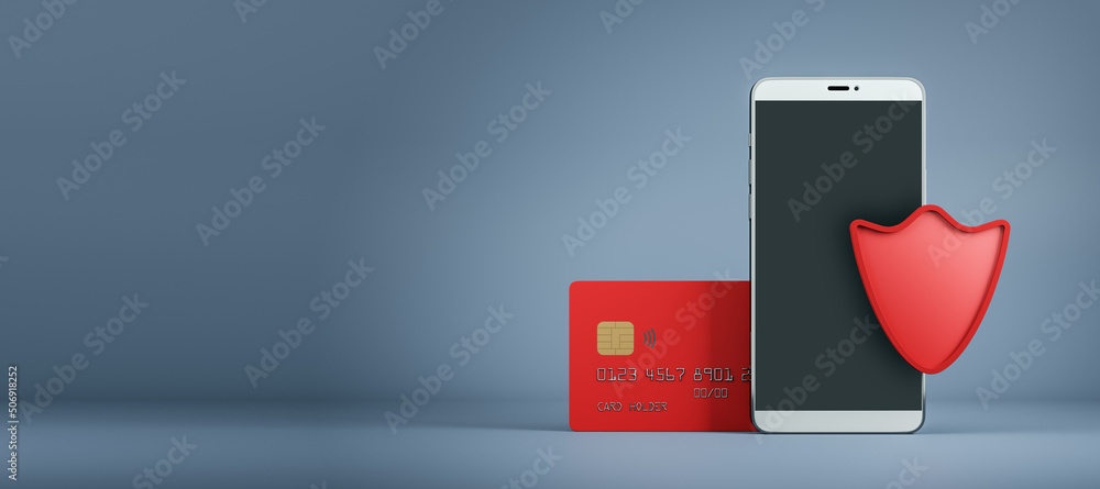 Cashless payments and online banking security concept with red shield ...
