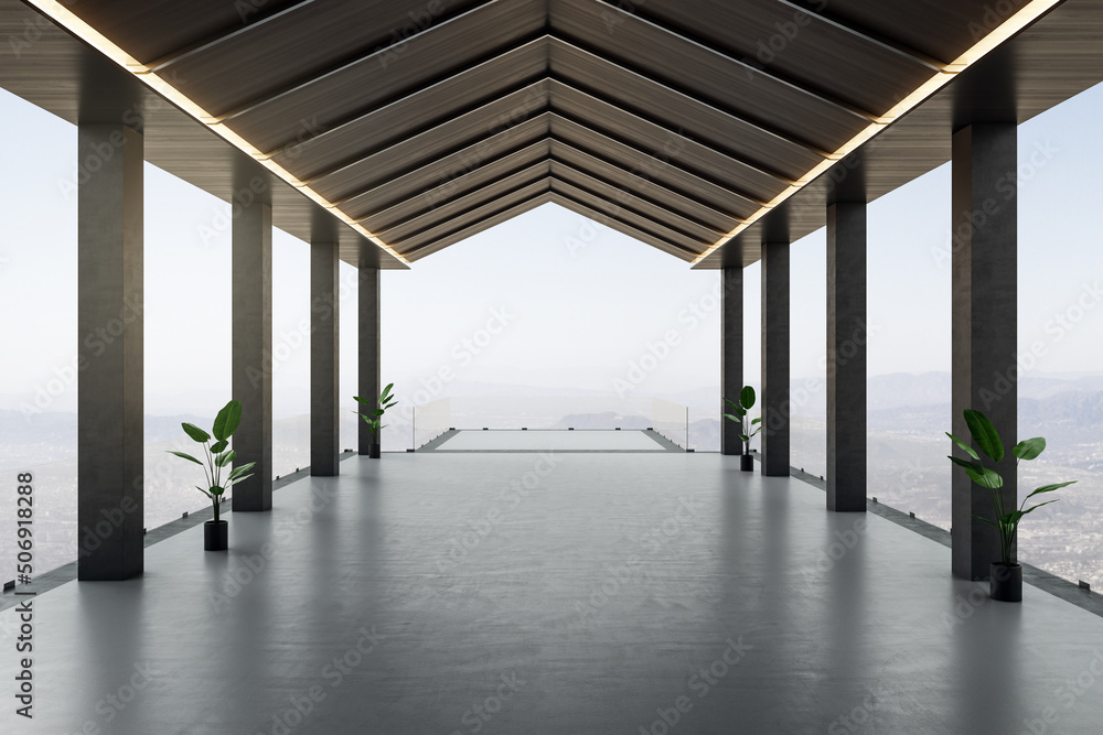Front view on great viewpoint in opened empty terrace high above the ...