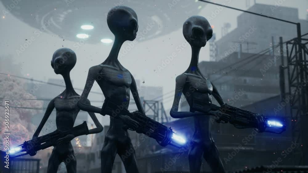 Alien invaders from uncharted space with alien plasma weapons attack a ...