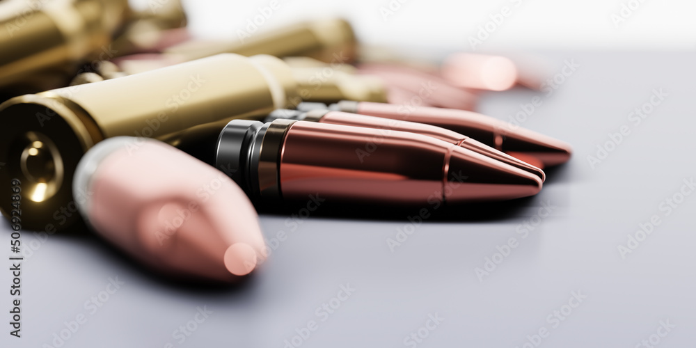 3D Rendering, realistic mock up of bullets. Rifle bullets close-up ...