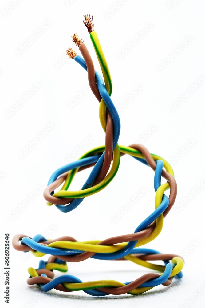 Wires used in European Single-phase electric wiring. The blue is ...