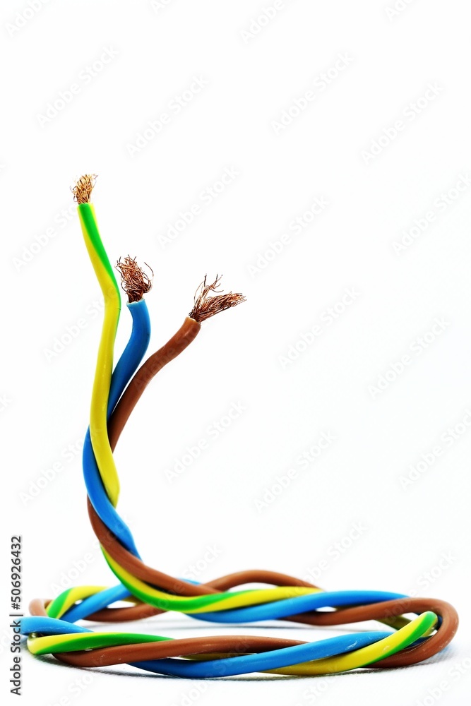 Wires used in European Single-phase electric wiring. The blue is ...