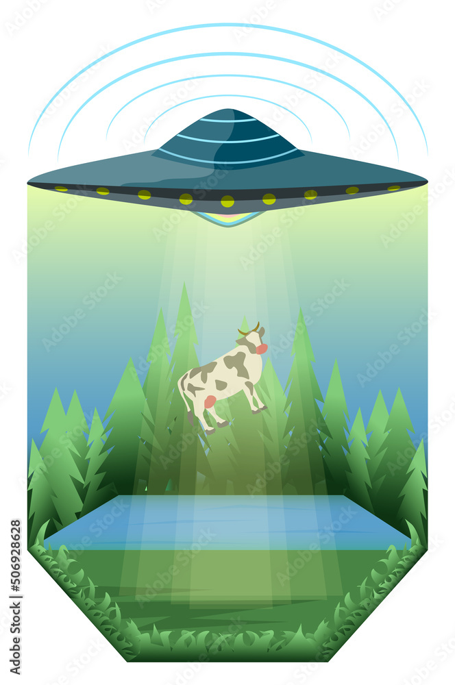 UFO kidnapping cow in the day. Funny vector illustration. Stock Vector ...