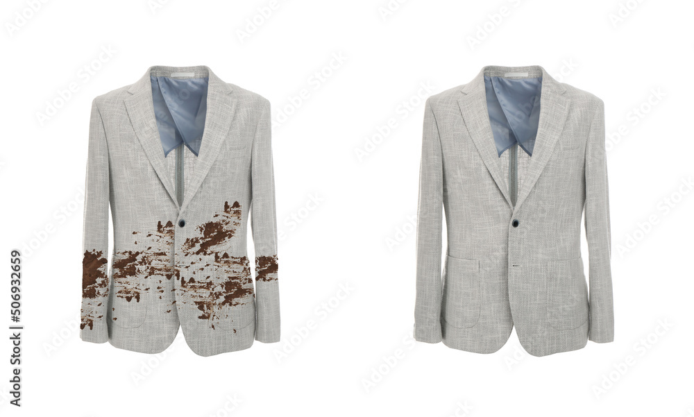 Stylish suit jacket before and after washing on white background ...