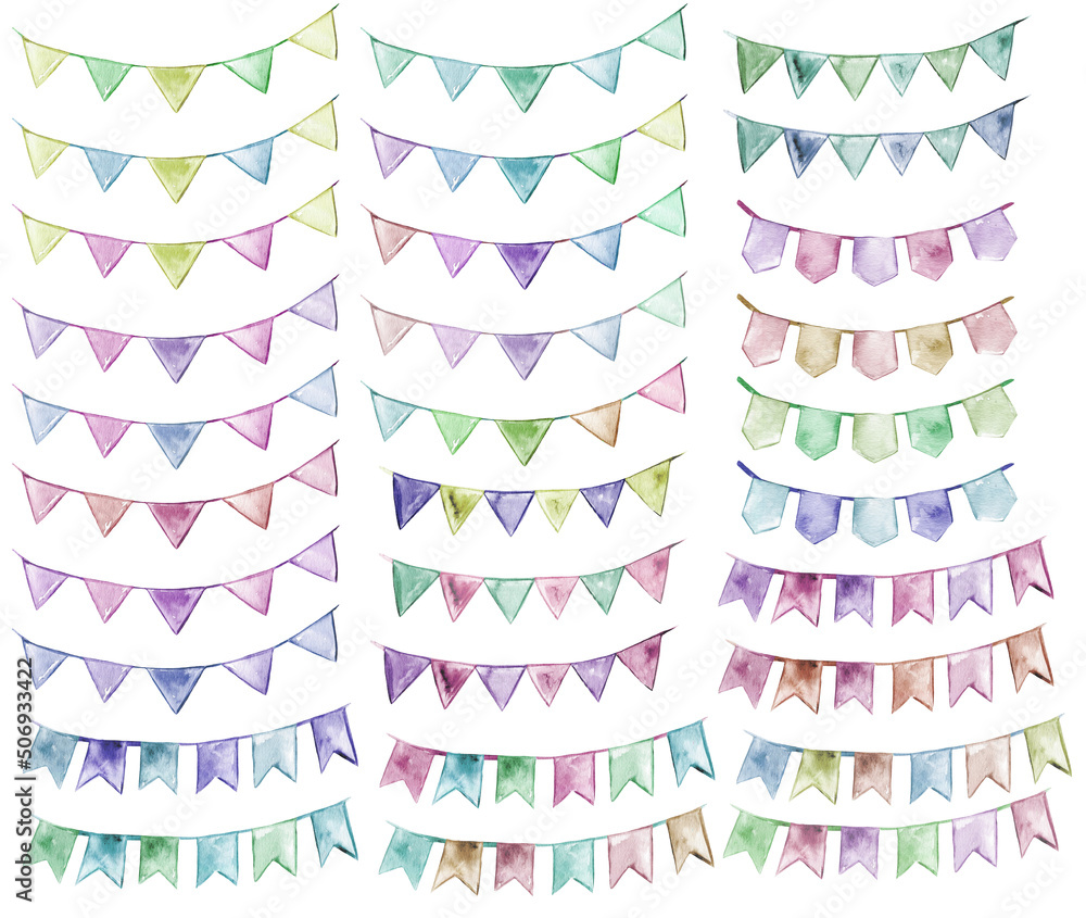 Watercolor bunting flags on white background clipart, isolated bunting ...
