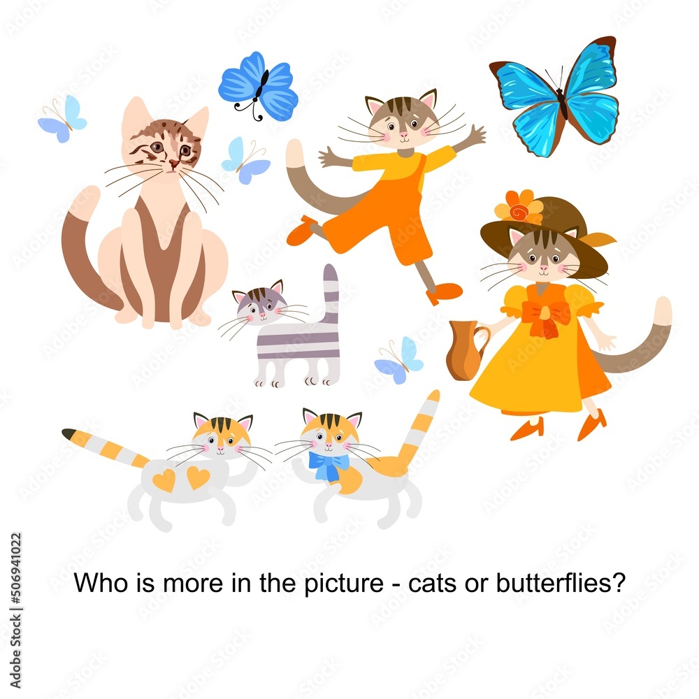 Arithmetic game for kids. Count the cats and butterflies in the picture ...