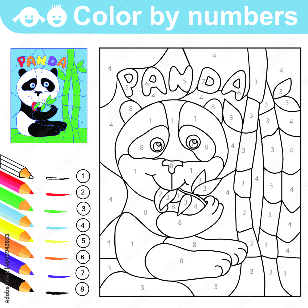 Color by Numbers. Panda eat bamboo. Coloring puzzle with numbers for ...