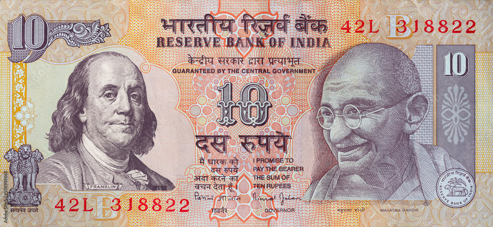 old 10 Indian rupee obverse with superimposed Benjamin Franklin from ...