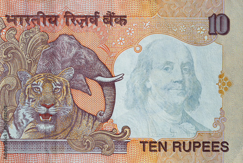 old 10 Indian rupee reverse with superimposed Benjamin Franklin from ...