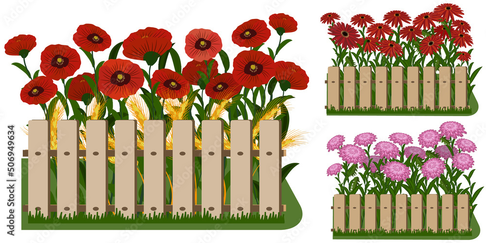 Garden fence set with flower beds. Vector illustration Stock Vector ...
