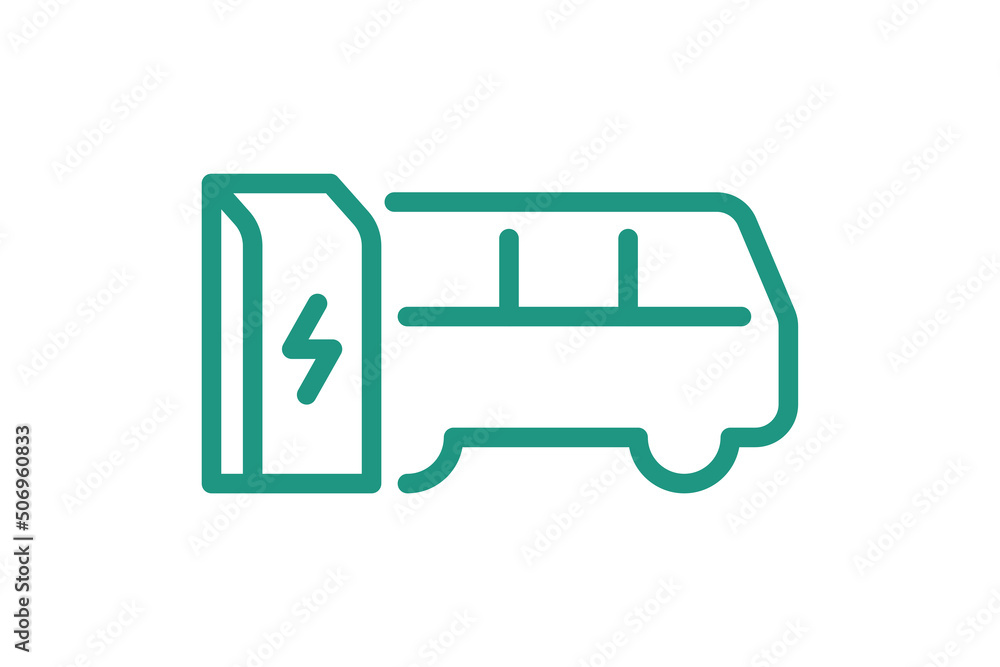 Electric bus charging in charger station linear icon. Electrical e-bus ...