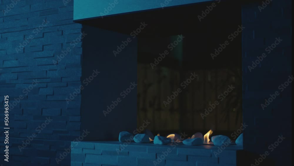 Fireplace inside cozy beautiful modern house . White brick wall ...