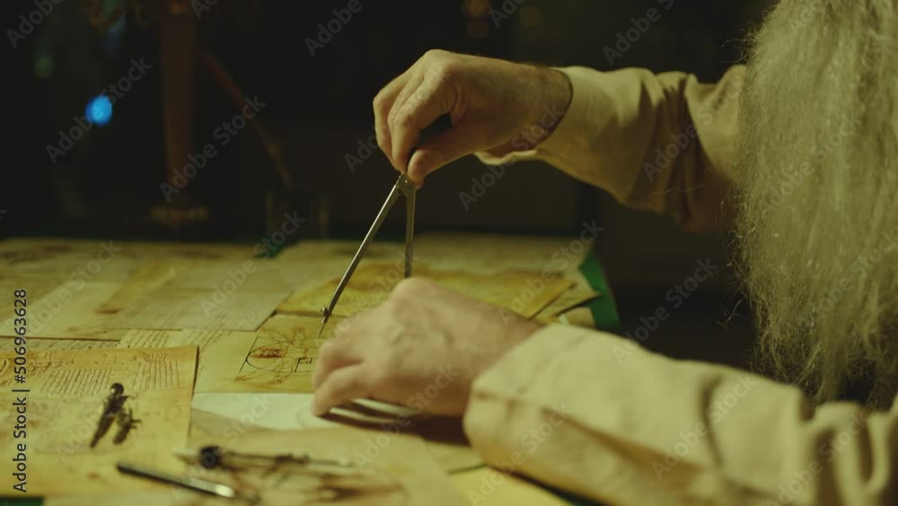 Old man or duplicate of LEONARDO DA VINCI writing , painting , working ...