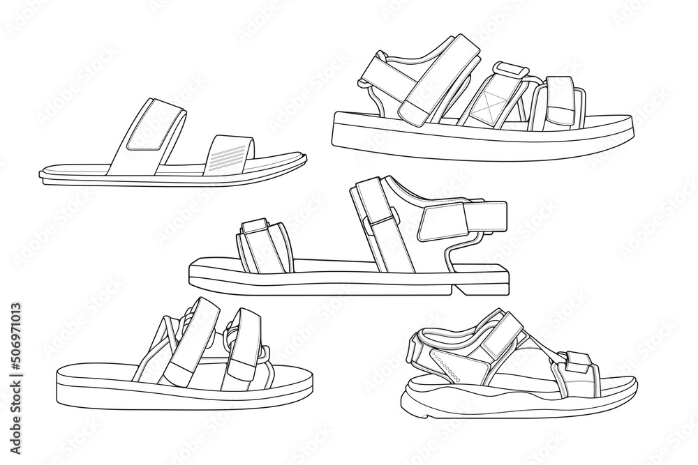 set of outline Cool strap sandals. strap sandals outline drawing vector ...