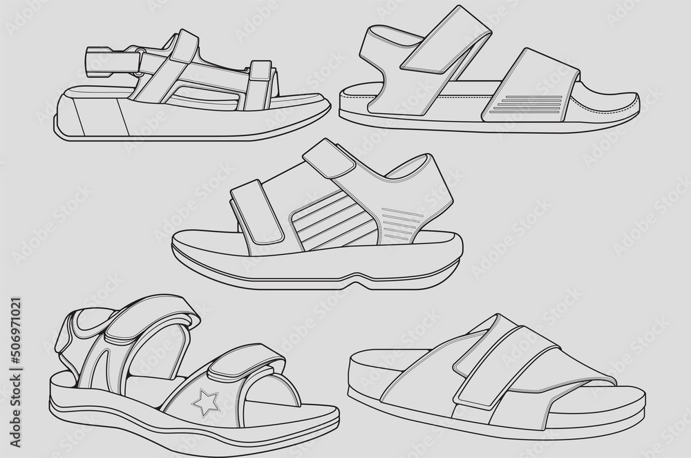 set of outline Cool strap sandals. strap sandals outline drawing vector ...