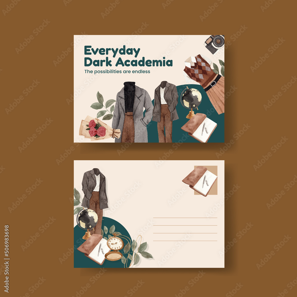 Postcard template with dark academia outfit concept,watercolor. Stock ...