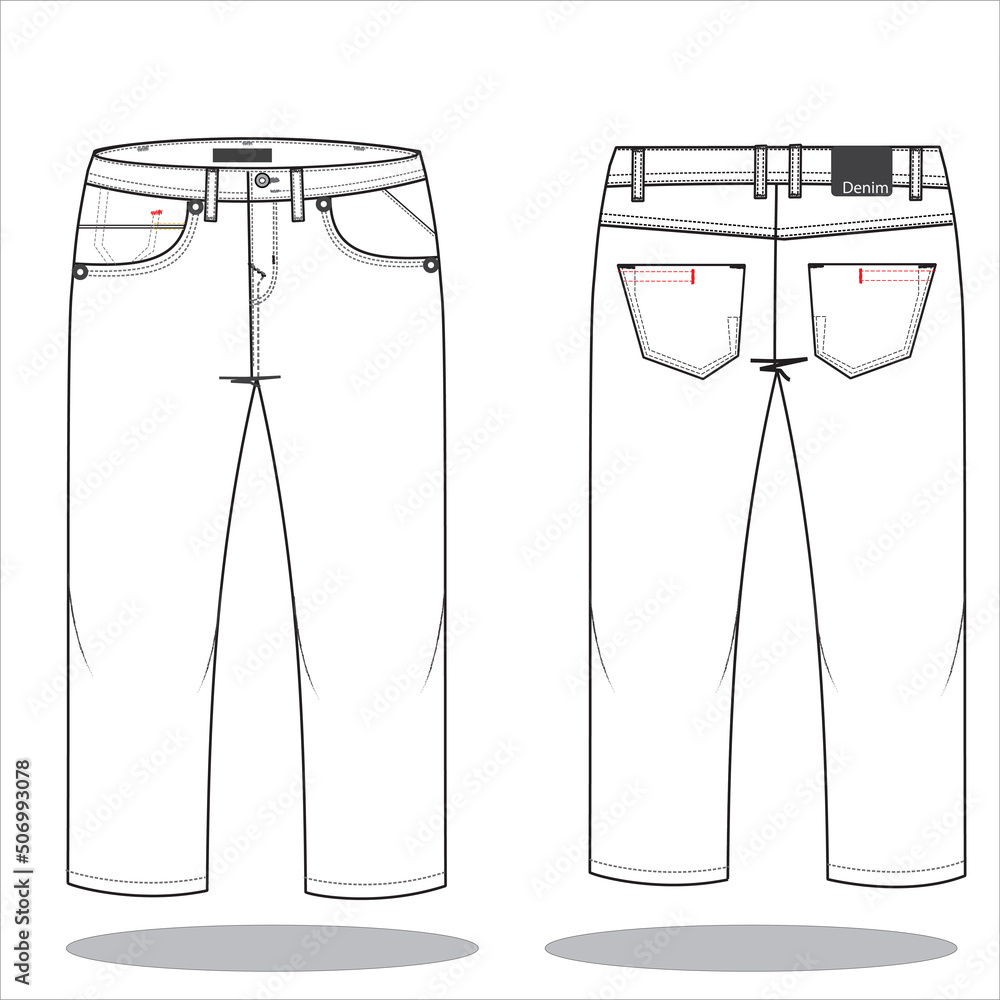 Denim Pant flat sketch design template. Men’s denim long pant Technical ...