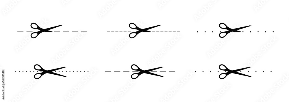 Scrissors cut along a dotted line mark icon set. Shear cutting paper or ...
