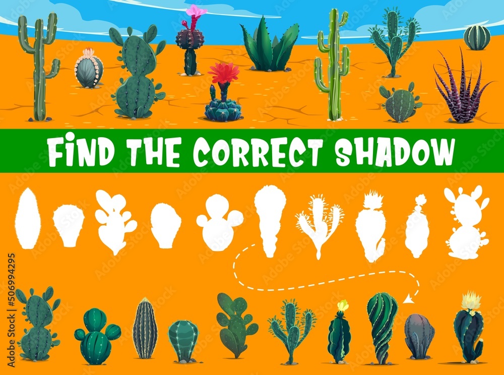 Find the correct desert cactus shadow. Kids game worksheet ...