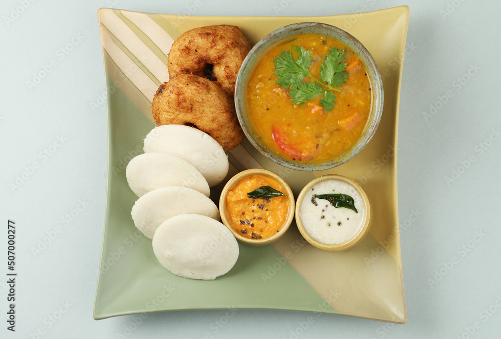 A popular South indian breakfast, Idly Vada sambar or Idli and vada ...