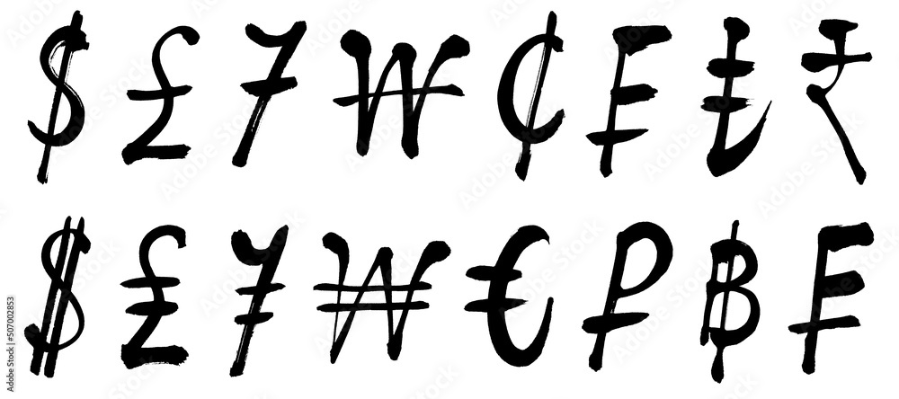 Handwritten brush letters, currency symbols calligraphy black Stock ...