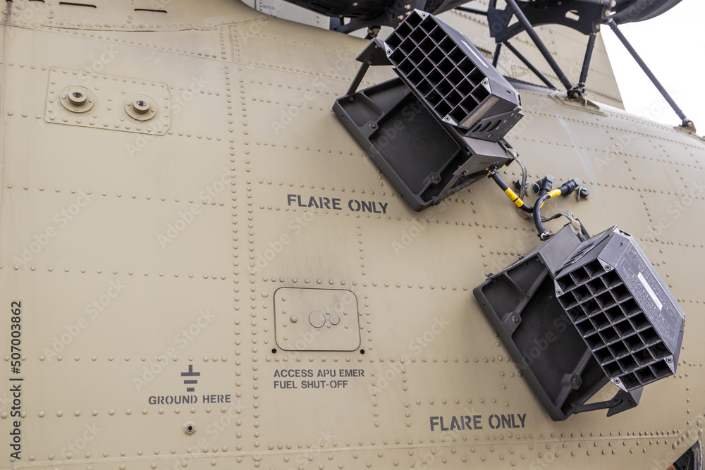 Defensive flare dispenser on a US Army Boeing CH-47F Chinook helicopter ...