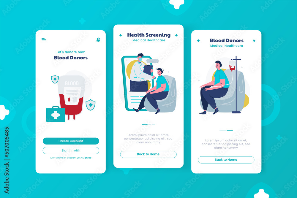 Blood donation app on onboard screen template for medical care concept ...