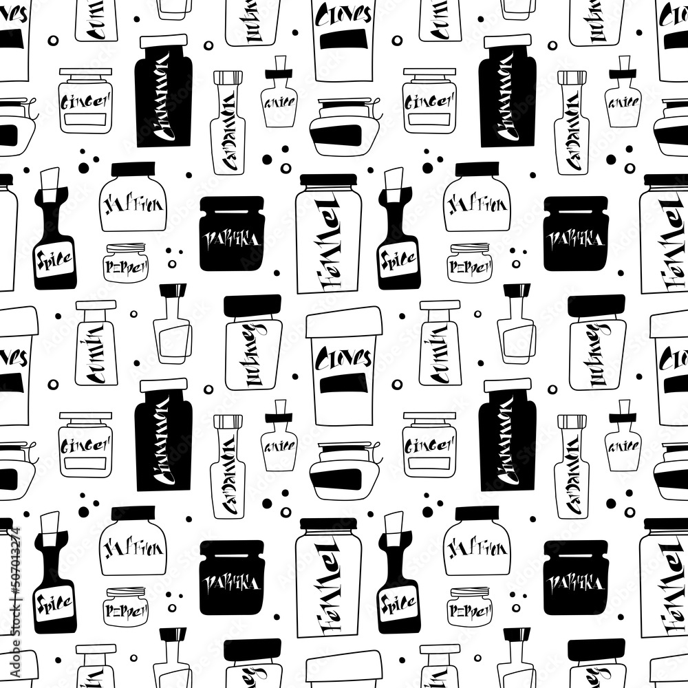 Seamless pattern of handwritten lettering with names of spices on jars ...