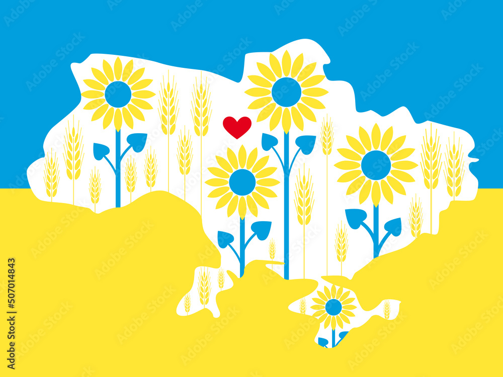 Beautiful map of Ukraine with wheat and sunflowers in the colors of the ...