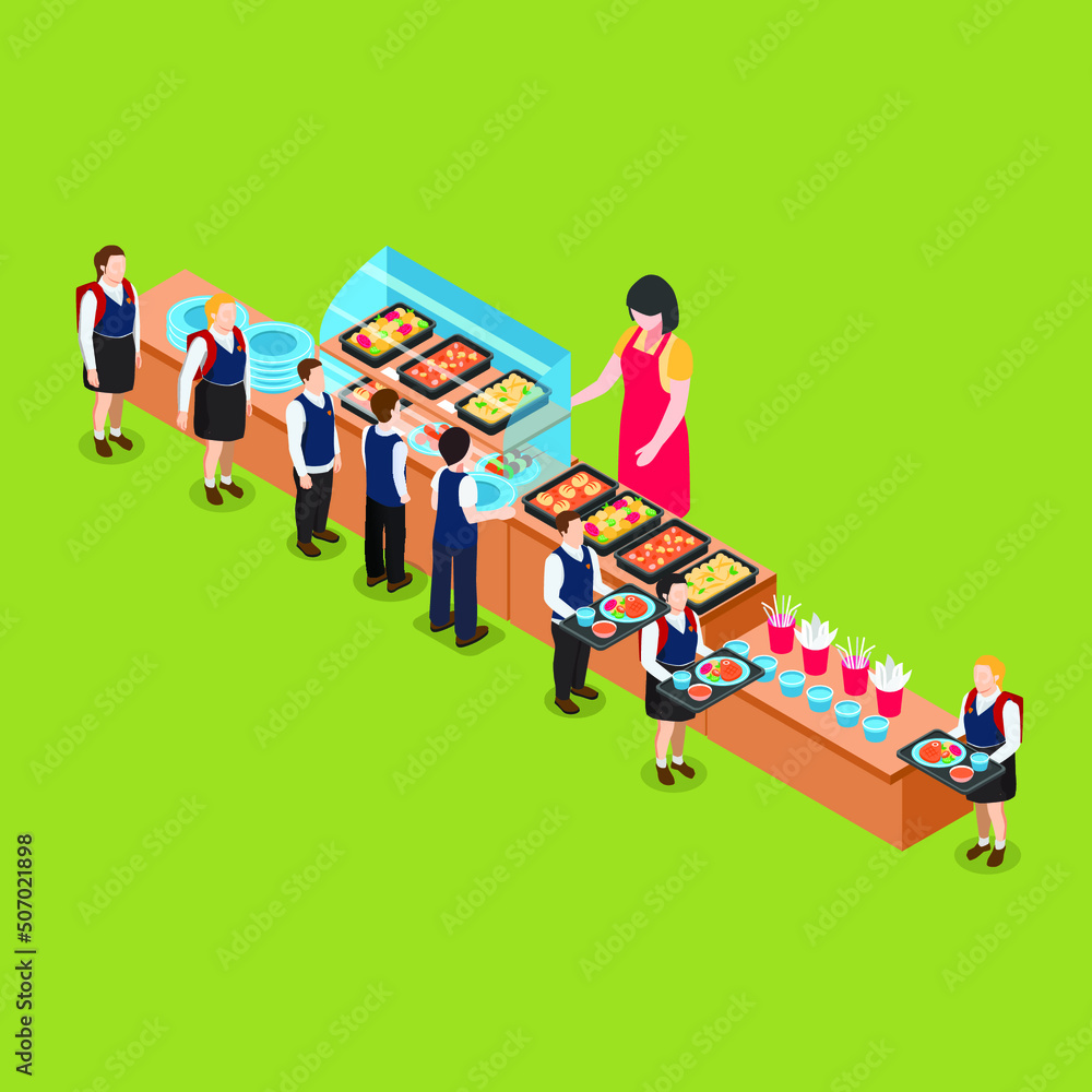 School canteen. Kids lunch - students queue taking food at cafetaria ...
