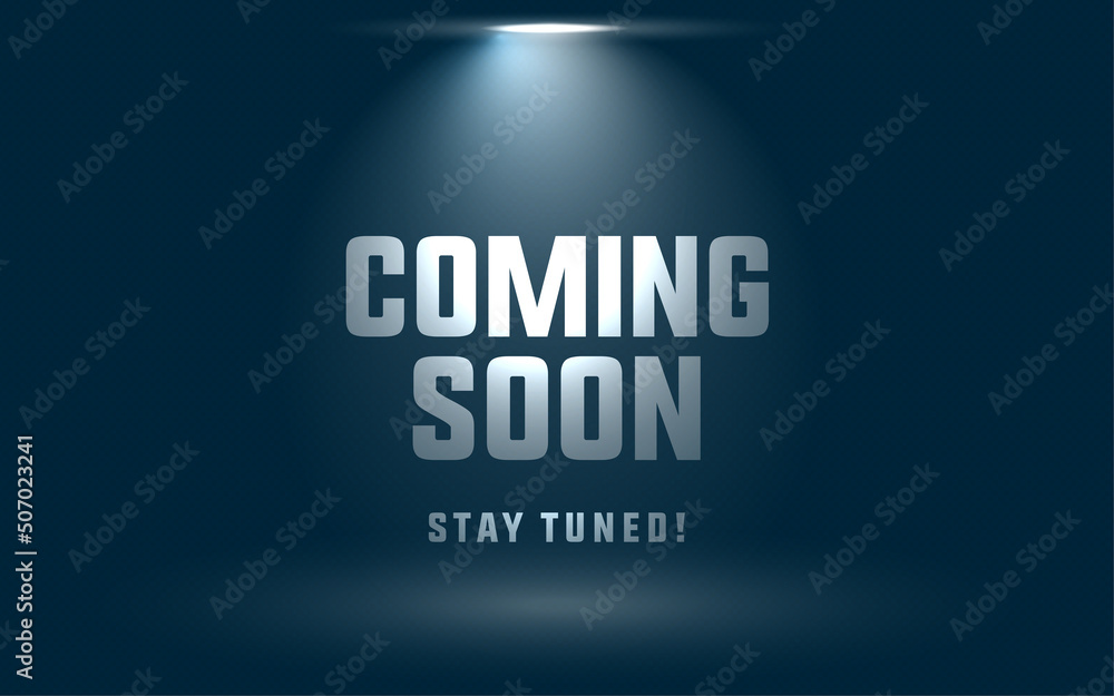 Coming soon in stage spotlight on dark background vector scene ...