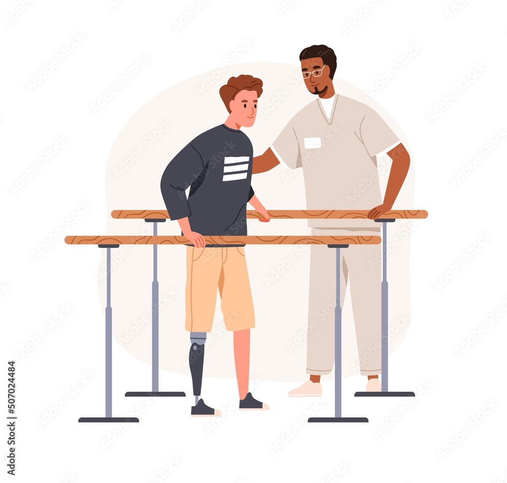 Patient with disability learning to walk with prosthesis, rails. Rehab ...