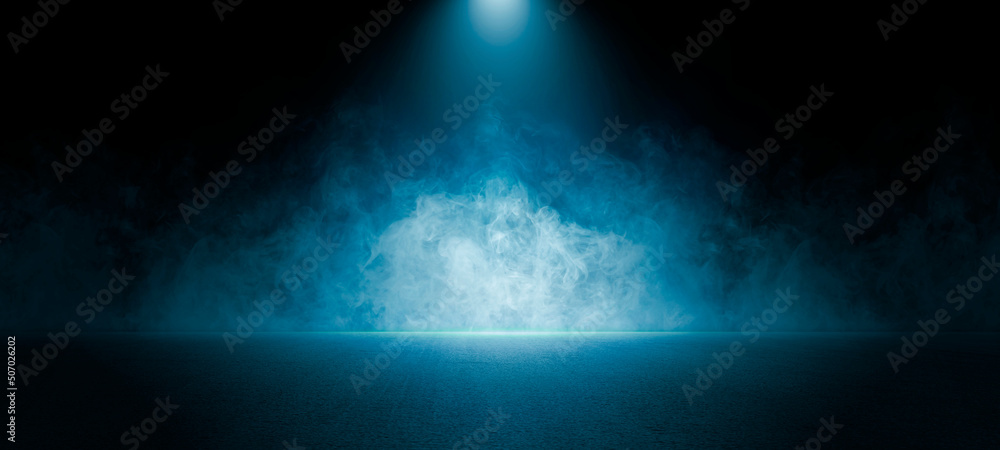 The dark stage shows, empty dark blue scene background, neon light, and ...