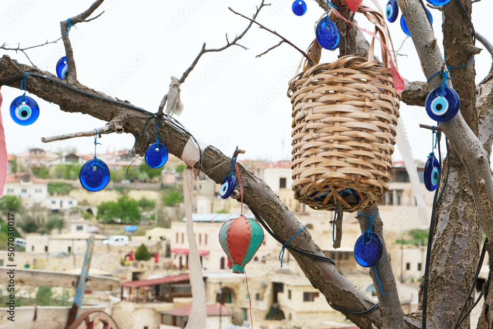 Traditional Turkish Nazar Amulets and Baloon Hanging on Bare Tree in ...