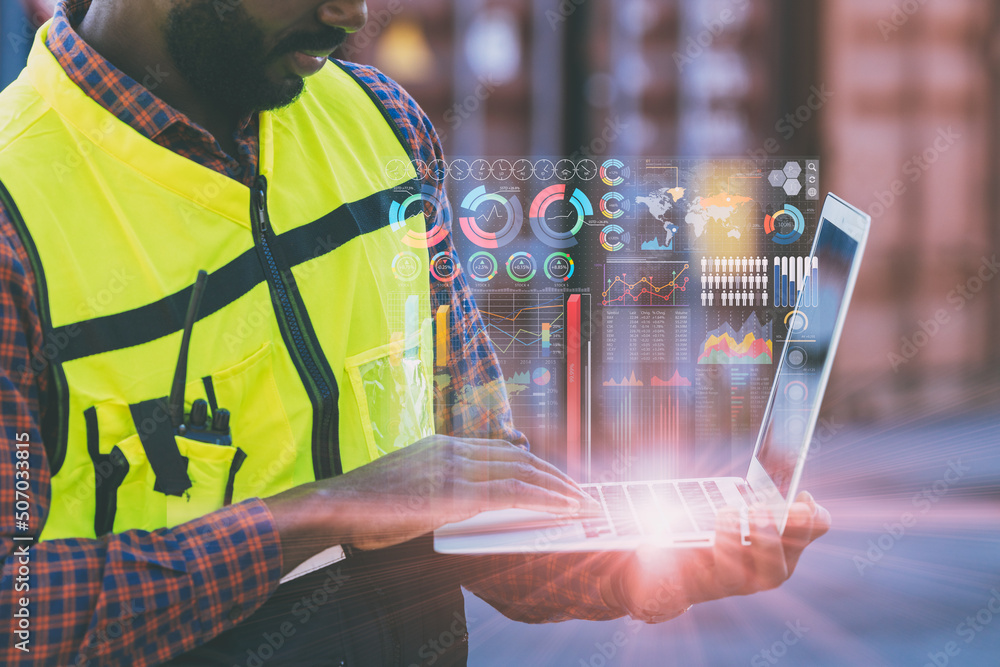 engineer staff worker using laptop monitor business information data ...